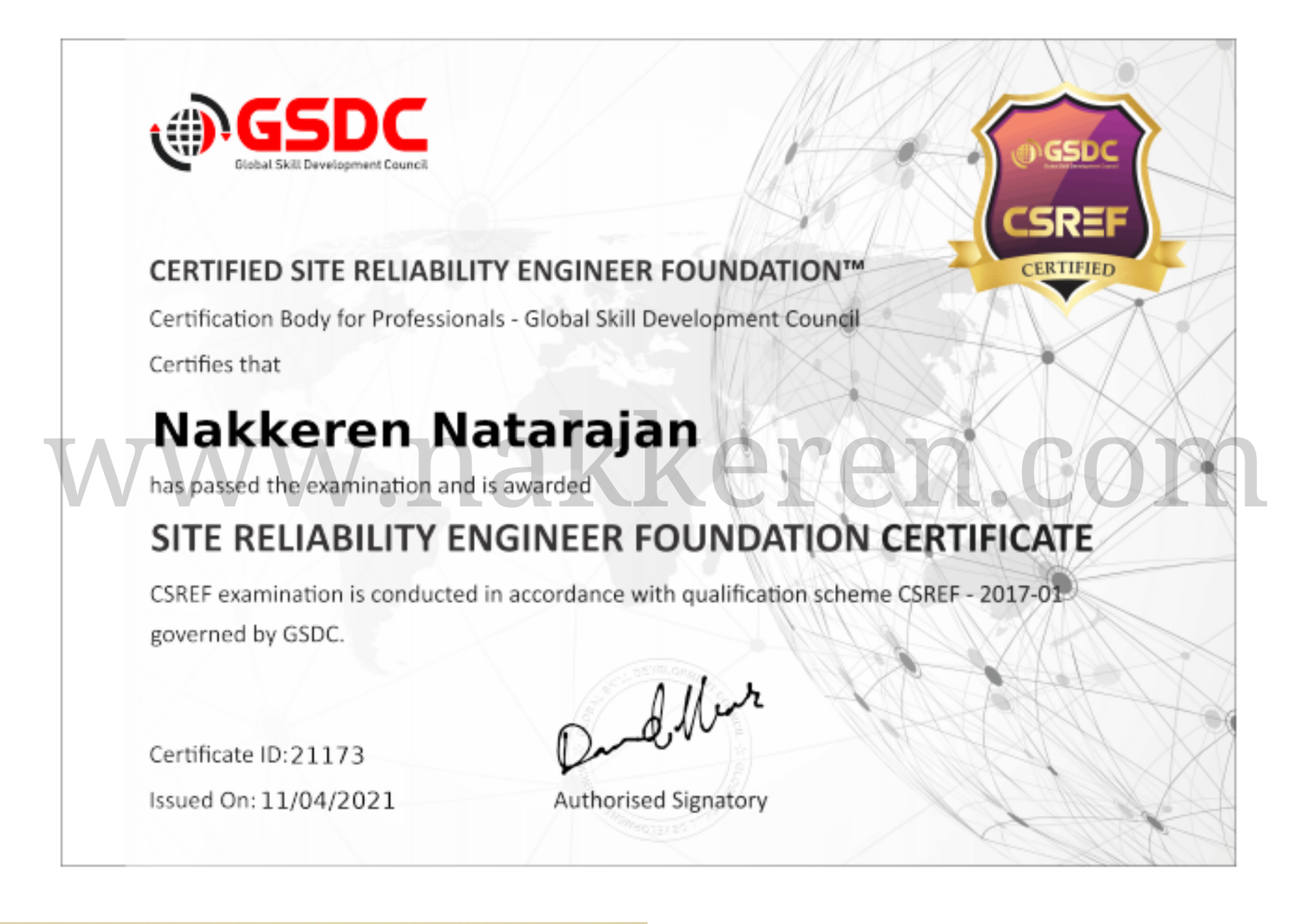 Global Certificates - Nakkeren Natarajan